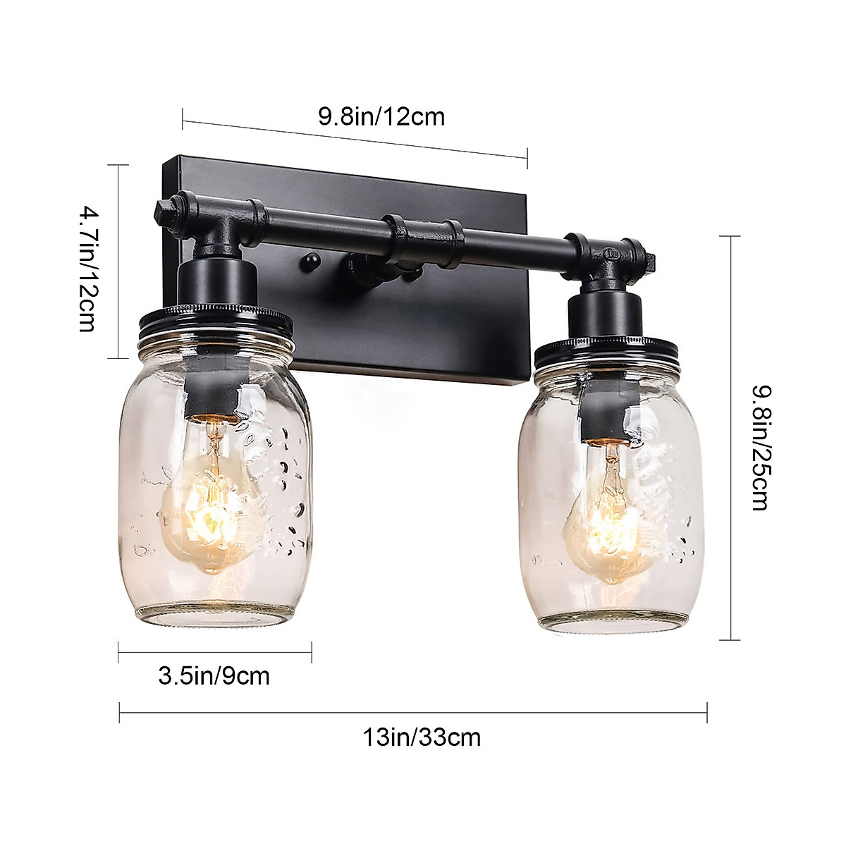 Black Vanity Light Fixtures 2-Light Mason Jar Wall Lamp Farmhouse Wall Sconces, Plug in Pendant Lighting with Cord 2 Pack Black Hanging Lamp with Plug in Cord 15.8ft and Dimmer Switch Bundled Goods