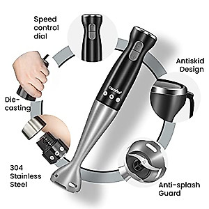 COMFEE' Immersion Hand Blender, Brushed Stainless Steel, 2-Speed, Multipurpose Stick Blender with 200 Watts, 600ml Mixing Beaker and Whisk, Perfect for Baby Food, Smoothies, Sauces and Soups, Black