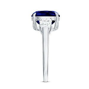 Rosec Jewels Certified Lab Grown Blue Sapphire 10mm Cushion Cut Engagement Ring with Moissanite, AAAA Quality, Past Present Future Ring, 14K White Gold, Size:US 7.00