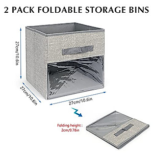 WWW 11 Inch Fabric Cube Organizer, 2 Packs Foldable Cube Storage Bins Basket, Closet Organizers Box, Home Organizers with Window and Handle for Shelves, Closet, Kallax, Office (Grey)