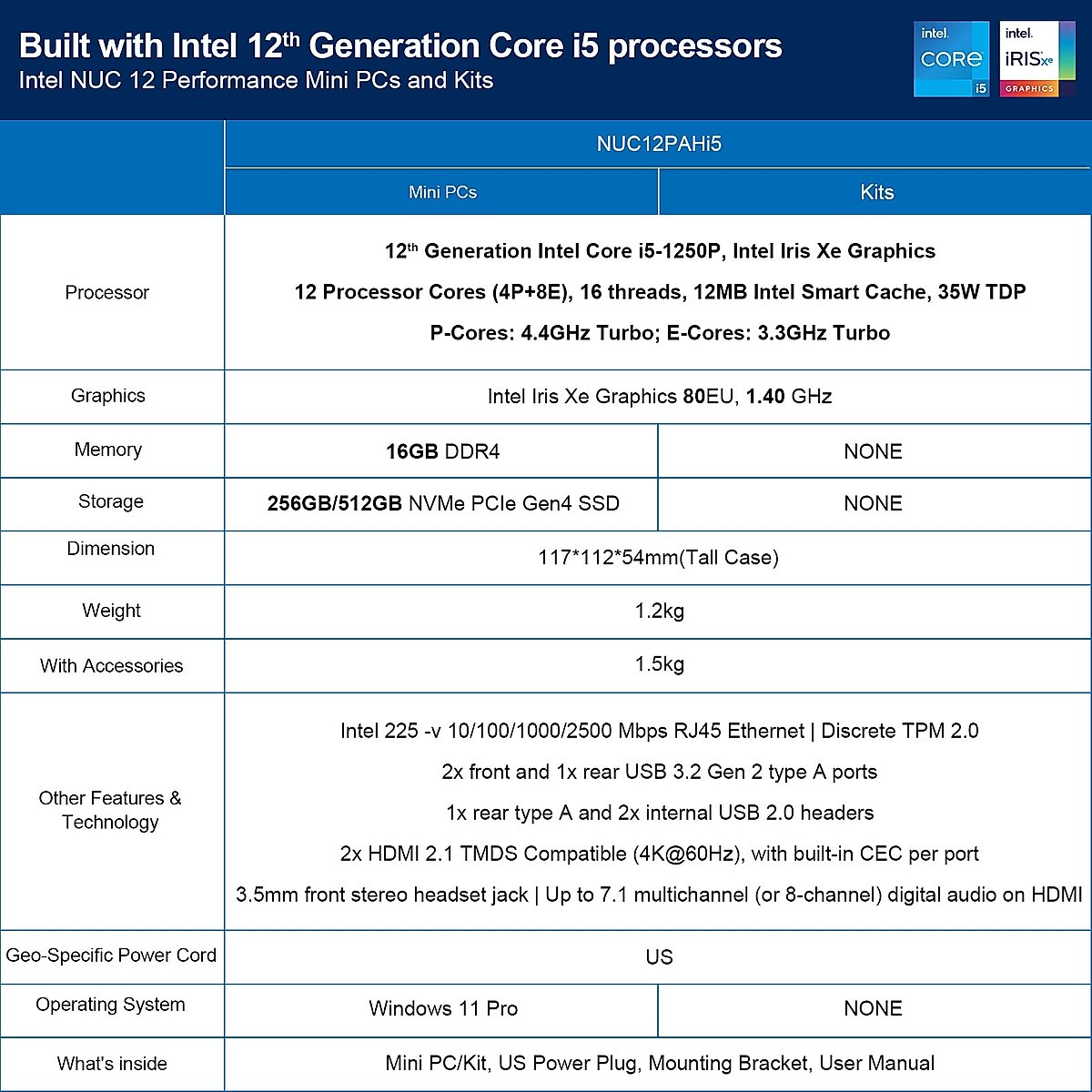 Intel NUC 12 Pro,Latest NUC12WSHi5 Desktop Computer Mini PC(12Core i5-1240P & 4.4GHz 16GB RAM 256GB NVMe SSD,Iris XE Graphics) with Vesa Mounting Bracket, 2xThunderbolt4/WiFi6E/BT5.2/8K/Win11 Pro