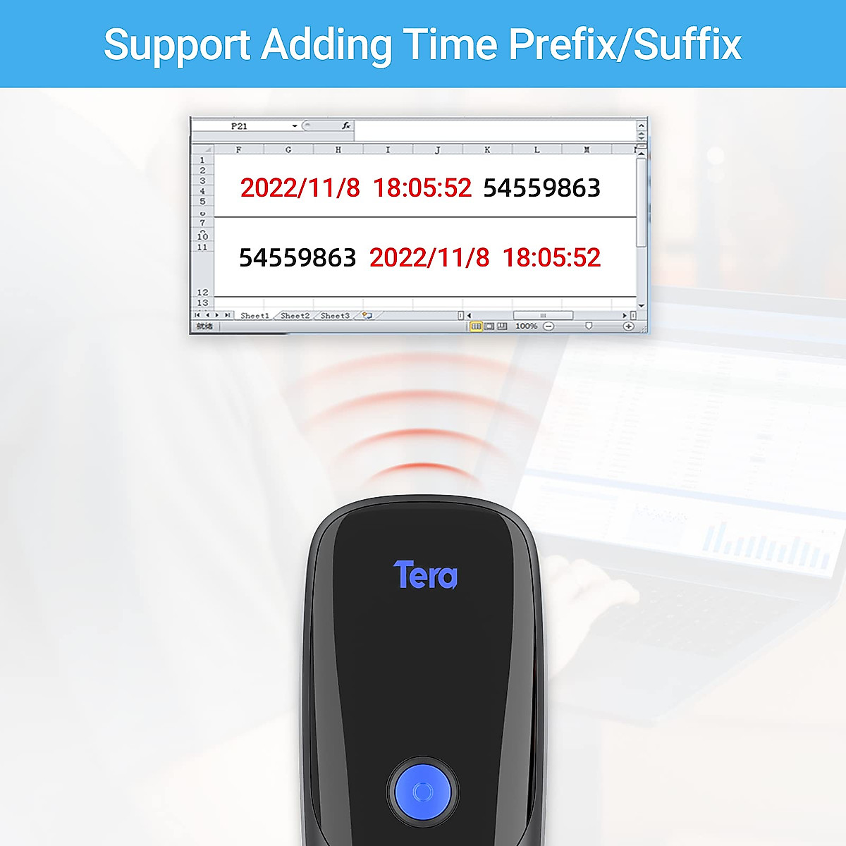 Tera Pro Extreme Performance Wireless 1D 2D QR Barcode Scanner Mini Portable Small 3-in-1 Compatible with Bluetooth & 2.4G Wireless & USB Wired Pocket Handheld Time Stamp Bar Code Reader Model 1300