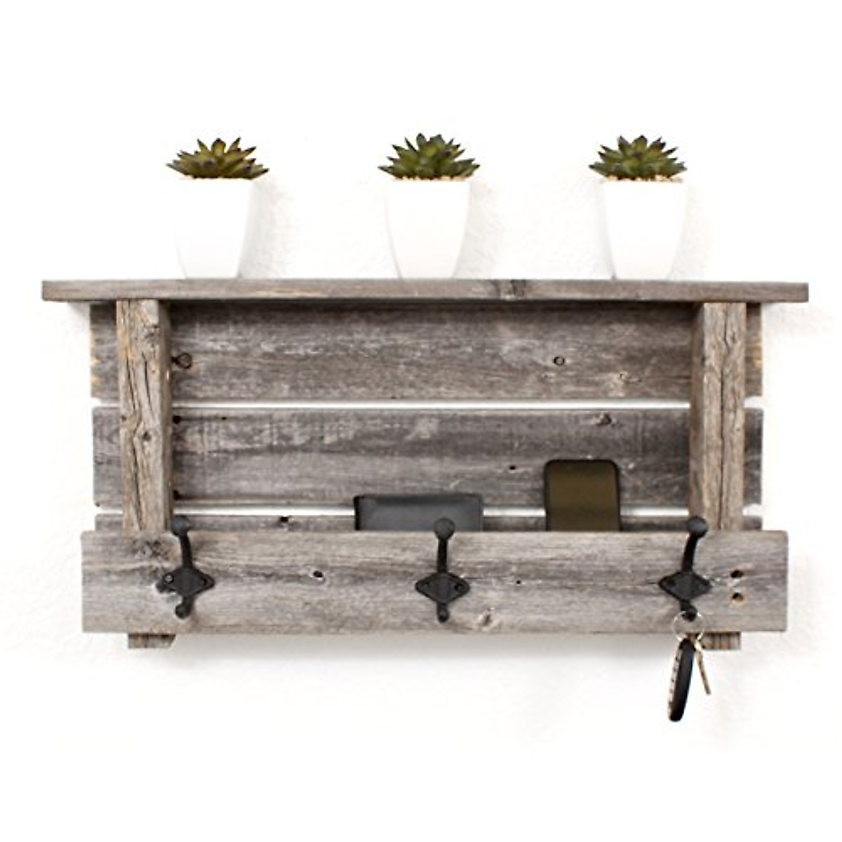 BarnwoodUSA | Rustic Wood Farmhouse Shelf with Hooks (Weathered Gray)