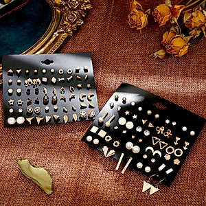 ORAZIO 60 Pairs Gold Stud Earrings Set for Women Multipack,Hypoallergenic Assorted Cubic Zirconia Pearl Heart Earrings Pack Multiple Piercings,Fashion Small Earrings Jewelry for Gift,Gold