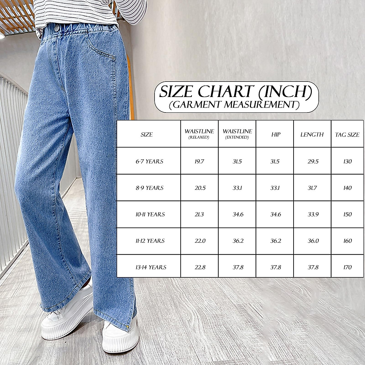 birbyrrly Girls Wide Leg Jeans Kids Baggy Elastic Waist Casual Denim Pants with Pockets Split Blue Tag 150-9-10 Years