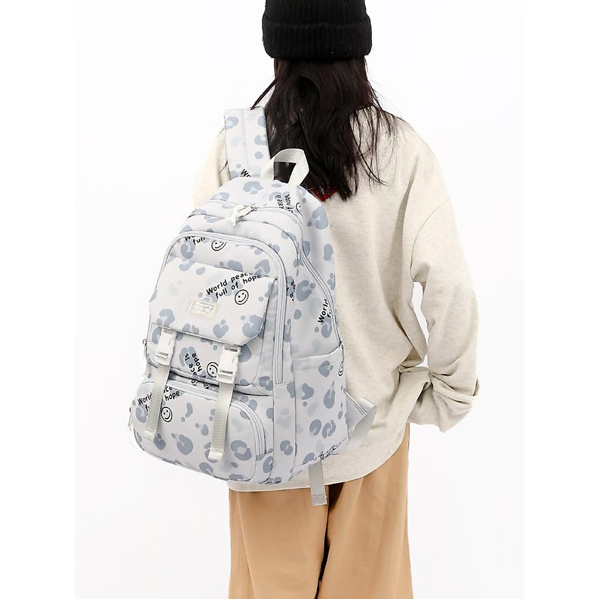 FITSEN Kawaii Backpack Graffiti and Letter Style Bookbag Aesthetic Outdoor Daypack (Grey)