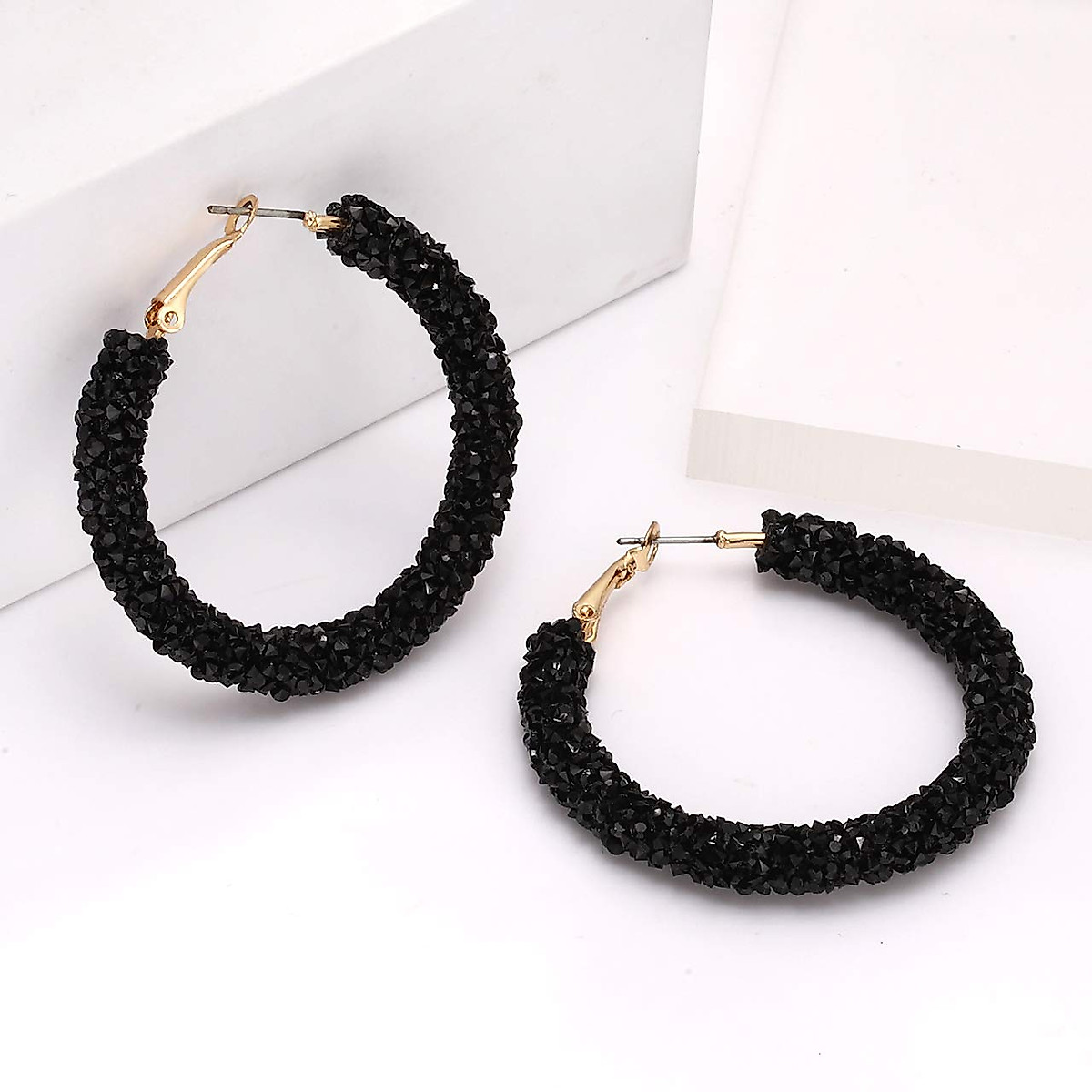 NLCAC Glitter Hoop Earrings Bohemian Sparkle Resin Rhinestone Wrapped Hoop Dangle Earrings for Women Black