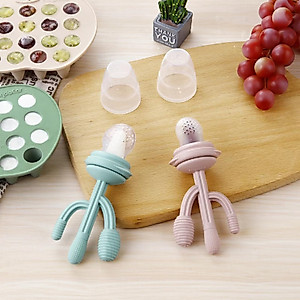 PandaEar Silicone Baby Food Freezer Tray, 2 Pack Baby Fruit Food Feeder Teether Tray, Baby Food Storage Container Ice Cube Tray Maker for Homemade Baby Food -Green&Tan