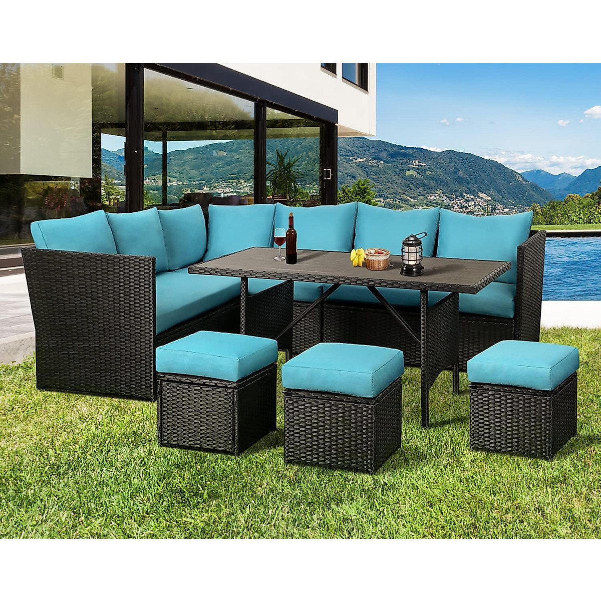 AECOJOY Patio Furniture Set, 7 Pieces Outdoor Patio Furniture with Dining Table&Chair, All Weather Wicker Conversation Set with Ottoman and Patio Set Cover, Blue