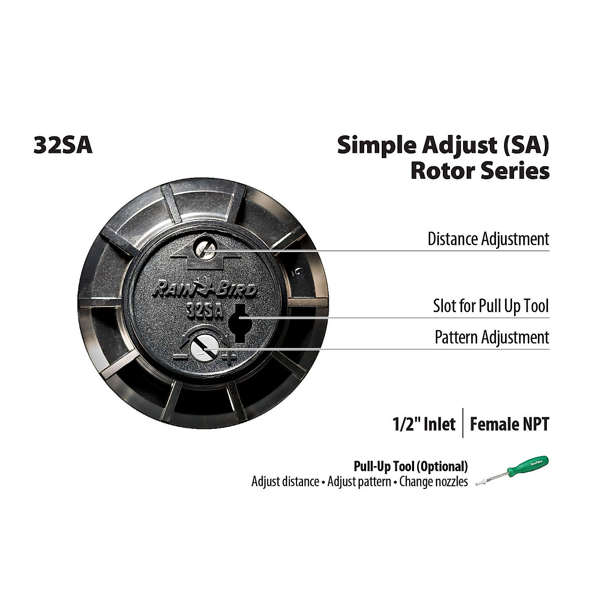 Rain Bird 32SA Simple Adjust Gear Drive Rotor, 40° - 360° Pattern, 19' - 32' Spray Distance