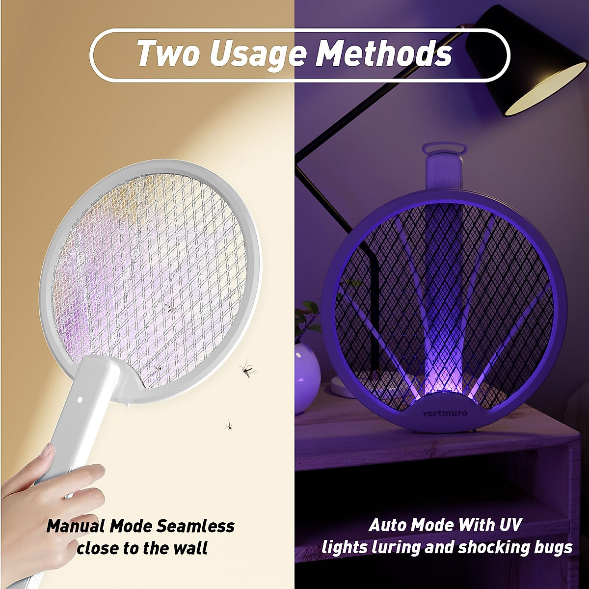 vertmuro Electric Fly Swatter, 4000V Bug Zapper Racket 2-in-1 Foldable Fly Trap with USB Rechargeable Battery, UV Light, Mosquito Killer Zapper for Indoor and Outdoor