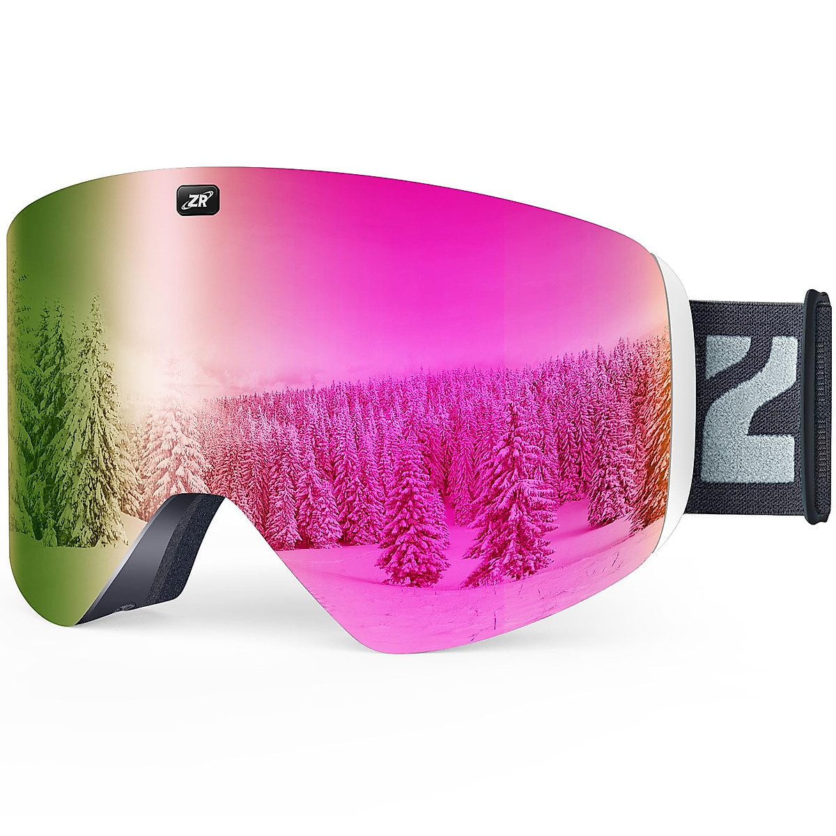 ZIONOR X11 Ski Snowboard Snow Goggles with Magnetic Interchangeable Cylindrical Lens Anti-fog UV Protection for Men Women Adult （VLT 15% Clear Rose Lens）