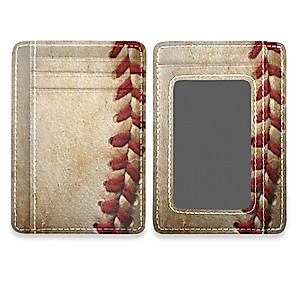Linomo Thin leather Card Holder and Money Clip Vintage Baseball Sport Ball Wallet RFID Blocking for Men & Women