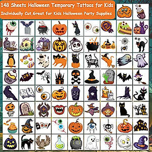 CHARLENT 148 Sheets Halloween Temporary Tattoos for Kids - Individual Halloween Pumpkin Skeletons Tattoos for Boys Girls Halloween Party Favors Treats Goodie Bag Fillers