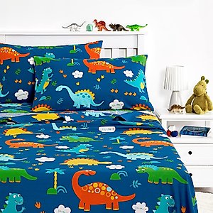 Wake In Cloud - Dinosaur Bed Sheets for Boys, 100% Cotton, 4-Piece Sheet Set Kids, Cute Jurassic Dinosaur Velociraptor Animal Pattern Printed Bedding, Deep Pocket, Navy, Full Size