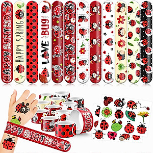 Cherisnowy 48 PCS Ladybug Party Favors 24PCS Tattoos Sticker 24PCS Slap Bracelets Wristbands Perfect for Themed Birthday Baby Showers or Classroom Rewards Ideal Decor and Gifts for Girls and Boys
