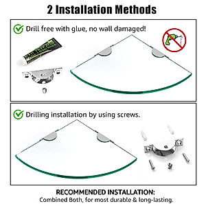 FesGif 2 Pack Glass Corner Shelf for Bathroom Shower Caddy Basket Shelf Shampoo Holder Storage Organizer No Drilling Adhesive Wall Mounted Bathroom Shelf Floating Extra Thick Tempered Glass Shelves