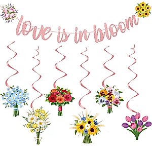 Love is in Bloom Bridal Shower Decorations,Glitter Rose Gold Banner Floral Themed Hanging Swirls for Wedding Shower Party Decor