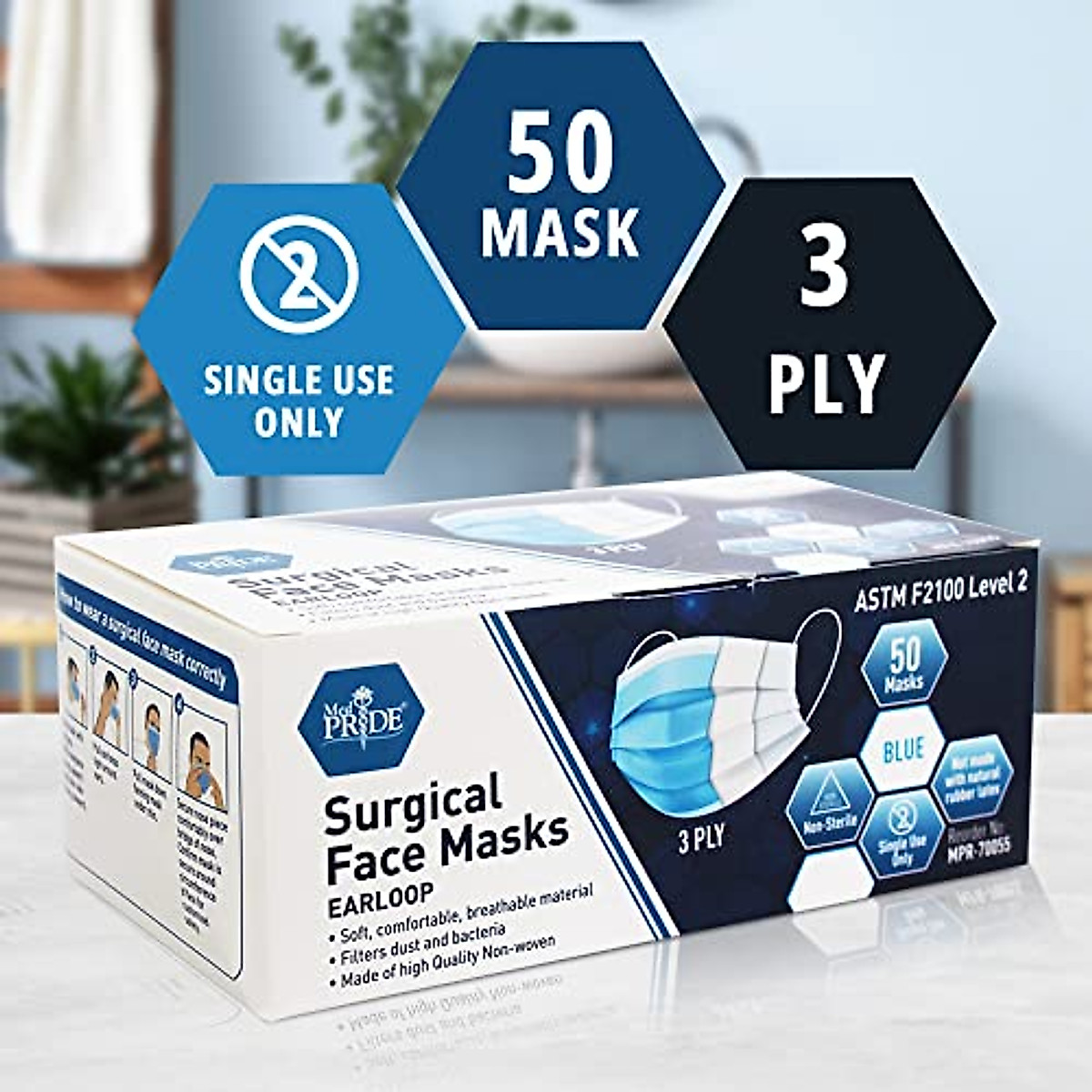 MED PRIDE 3-Ply Face Masks For Adults [Pack of 50] Disposable Breathable Face Mask With Earloops- Comfortable Non-Woven Highly Protective Medical-Grade Face Cover For Men & Women- Blue
