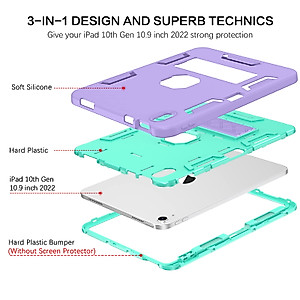 BENTOBEN for iPad 10th Generation Case,10.9 inch 2022 iPad Case, iPad 10 Case, Slim Fit Kickstand Shockproof Rugged Protection Soft Silicone Bumper Drop Protective Girls Boys Kids Cover, Purple/Mint