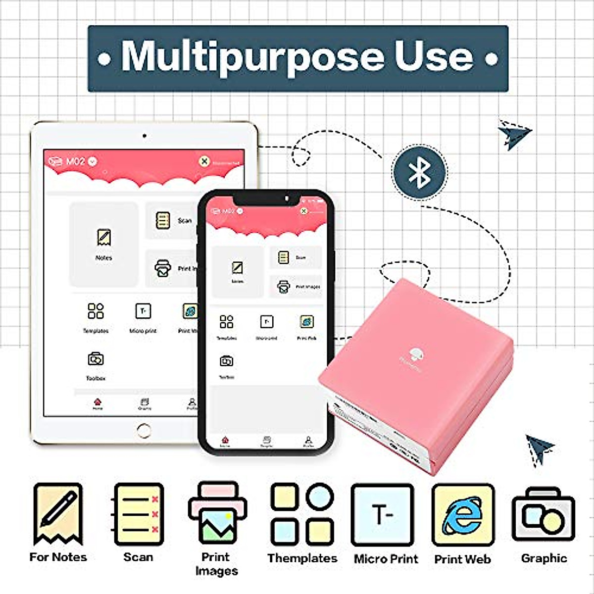 Phomemo M02 Mini Bluetooth Thermal Pocket Printer (Pink) with 3 Rolls Adhesive White/Gold/Silver Glitter Sticker Paper, Compatible with iOS + Android for Plan Journal, Study Notes, DIY, Work, Gift