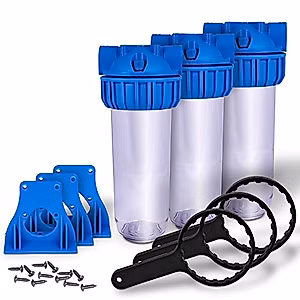 10 inch Transparent Standard Water Filter Housing, Presser Relief Button, 3/4” Inlet/Outlet Brass Port, Accepts Standard 10”x 2.5” Cartridges, 3/4” Brass Port, Mounting Hardware Included (3 Sets)