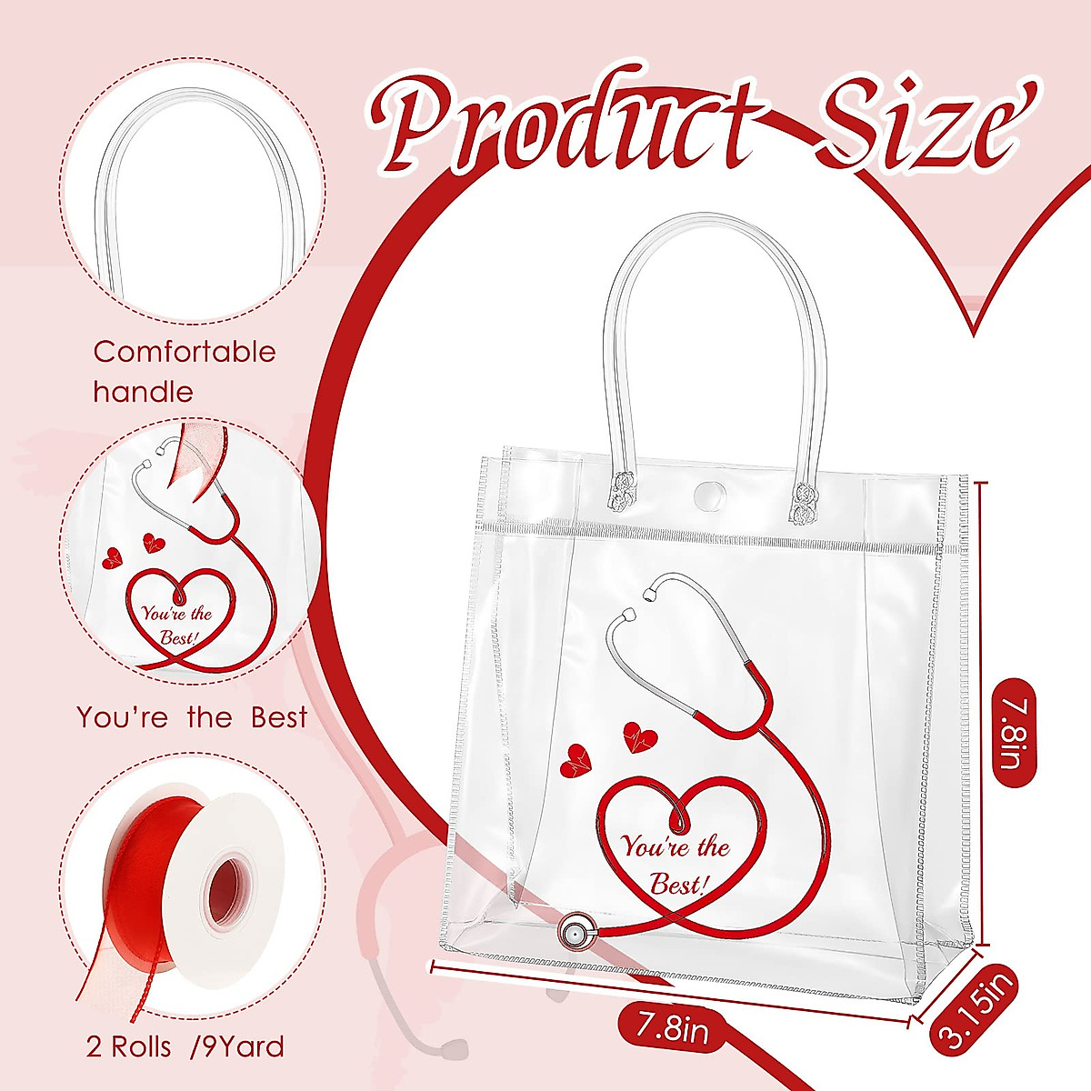 Thenshop 24 Pcs Nurse Gift Bags 7.8x7.8x3.15 in PVC Clear Gift Bags with Handles CNA Week Gifts Bulk 2024 Nurse Gift Bag Wedding Gifts Appreciation Gifts for Doctors Healthcare Hospital Worker Party