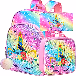 CCJPX 3PCS Unicorn Backpack for Girls, 16” Kids Sequin Bookbag and Lunch Box for Kindergarten Elementary
