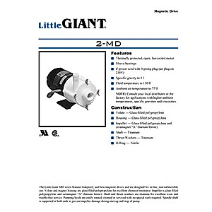 Little Giant 2-MD 1/30 HP 115-Volt, 510 GPH Magnetic Drive Pump, 6-Foot Power Cord, Black, 580002