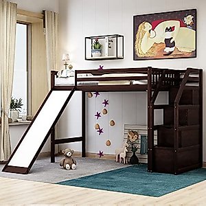 MOEO Twin Size Loft Bed with Slide & 3 Storage Staircase for Kids Bedroom,Sturdy Wood Bedframe, High Guardrail Design, No Box Spring Needed, 78.4" L×97.3" W×61.4" H, Espresso