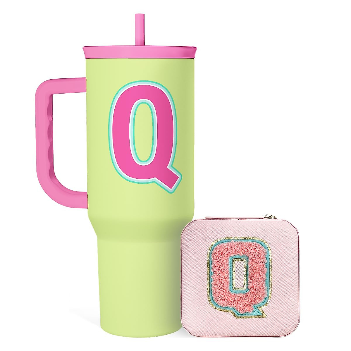 SANDJEST Stainless Steel Slider Tumbler With Handle 40oz & Jewelry Case with Initial Q