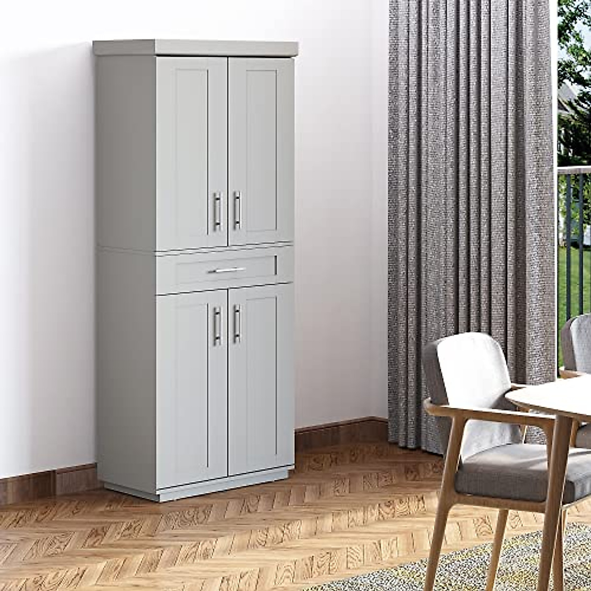 HOMCOM Modern Kitchen Pantry Freestanding Cabinet Cupboard with Doors and Drawer, Adjustable Shelving, Grey