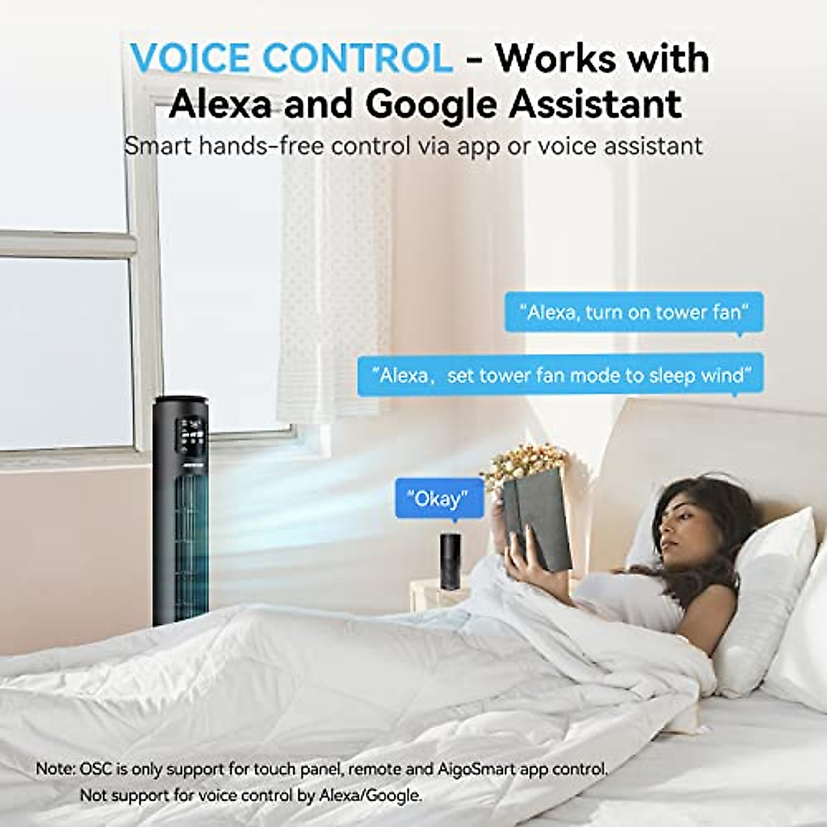 Aigostar Smart Tower Fan Oscillating Cooling Fan with Remote, Quiet Bladeless Standing Fans for Home Bedroom, 24H Timer 3 Speeds 3 Modes LED Display WiFi Voice Smart Control, Works with Alexa/Google