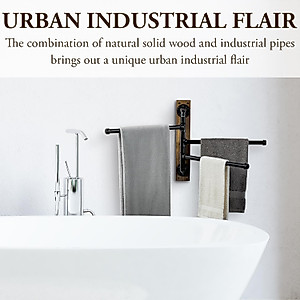 MyGift 17.3 Inch Wall Mounted Bathroom Swivel Towel Rack on Rustic Burnt Solid Wood Board, 3 Tier Industrial Black Metal Pipe Bars with 180 Degree Swing for Towels