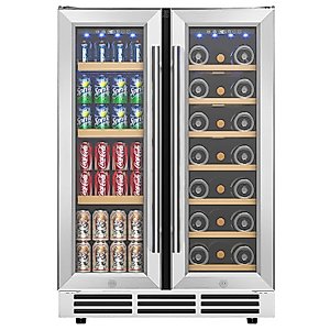 Icyglee 24" Wine and Beverage Refrigerator, Dual Zone Wine Cooler with Glass Door, Hold 88 Cans & 21 Bottles, Built in or Freestanding Under Counter Wine Fridge with Blue LED Light.