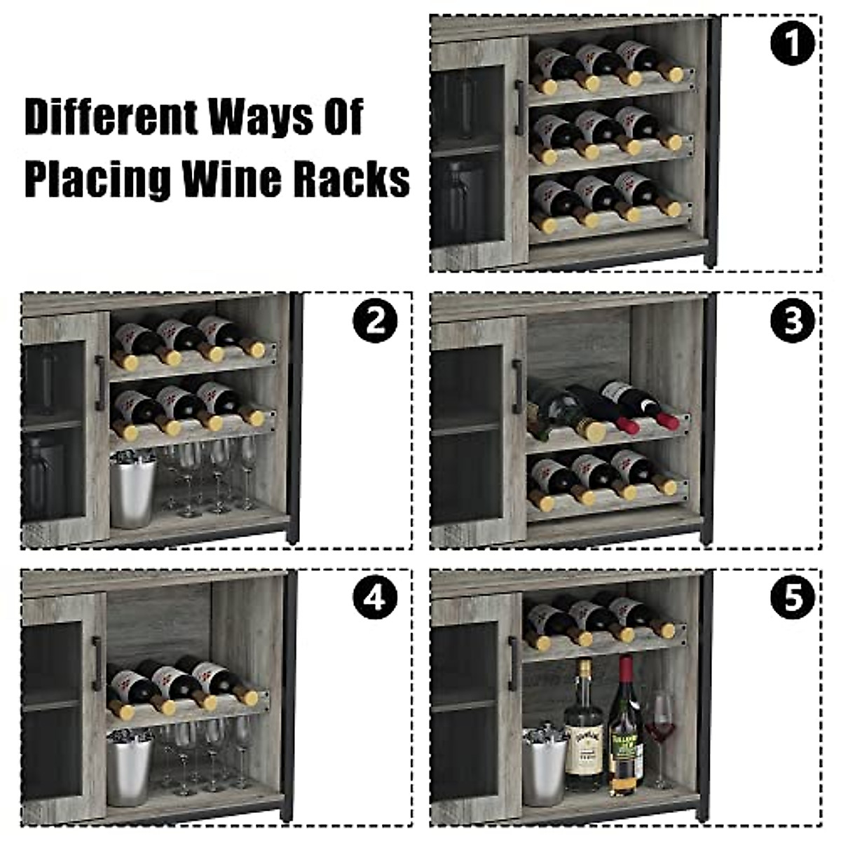 Amyove Wine Bar Cabinet with Detachable Rack, Glass Holder, Small Sideboard and Buffet Mesh Door, Grey