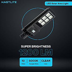 KastLite 10W LED Dusk to Dawn Solar Outdoor Lighting w/Motion Sensor & Remote Control - Dimmable 90-Watt Equiv. 5000K 1200 Lumen Solar Street Light - Waterproof Parking Lot/Security Area Lamp, Black
