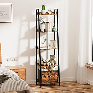 RVHOME 2024 Ladder Shelf, 5-Tier Upgraded Elevated Ladder Bookshelf with Drawer, 63" Ladder Shelf Bookcase, Tall Bookshelf with Steel Frame, Rustic Bookshelf for Living Room, Home Office, Bedroom