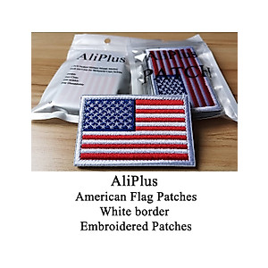2 PCS AliPlus American Flag Patches Embroidered Tactical Military Morale Patch Applique Fastener Hook and Loop(White Border)