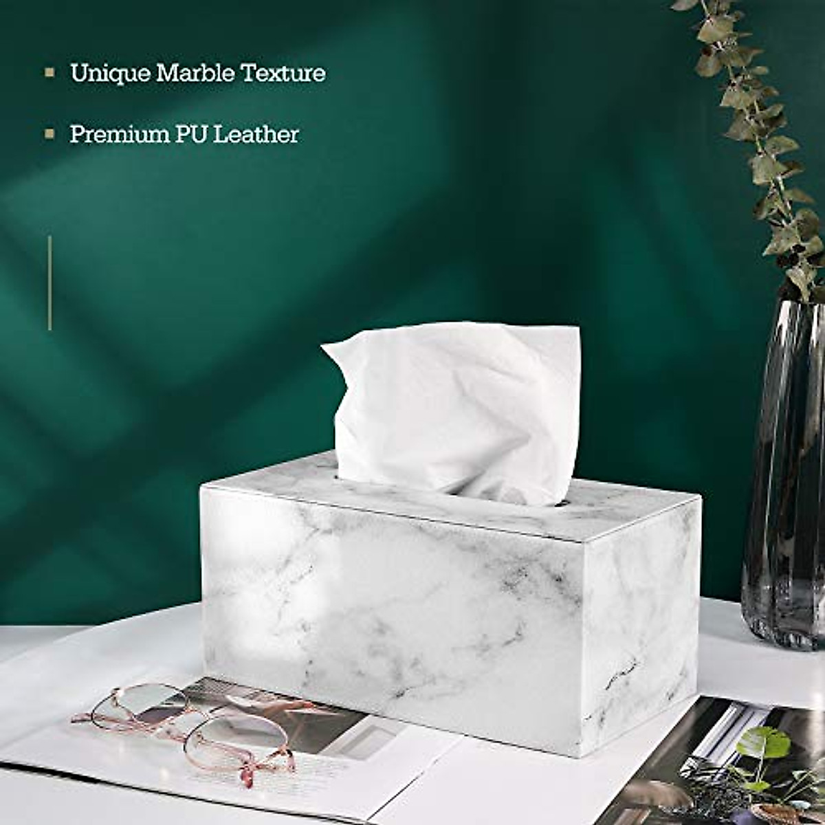 Lewondr Marble Tissue Box Cover, Rectangular PU Leather Facial Tissue Box Holder, Napkin Storage Box, Toilet Paper Holder Case Dispenser for Countertop Bedroom Bathroom Car Office - 9.8" x 5.3" x 4.5"