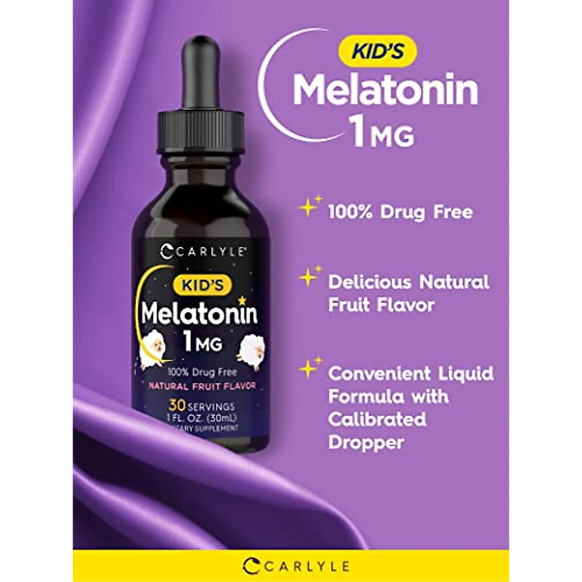 Kids Melatonin Liquid | 1 fl oz | Two Pack | Natural Fruit Flavor | Drug Free | by Carlyle