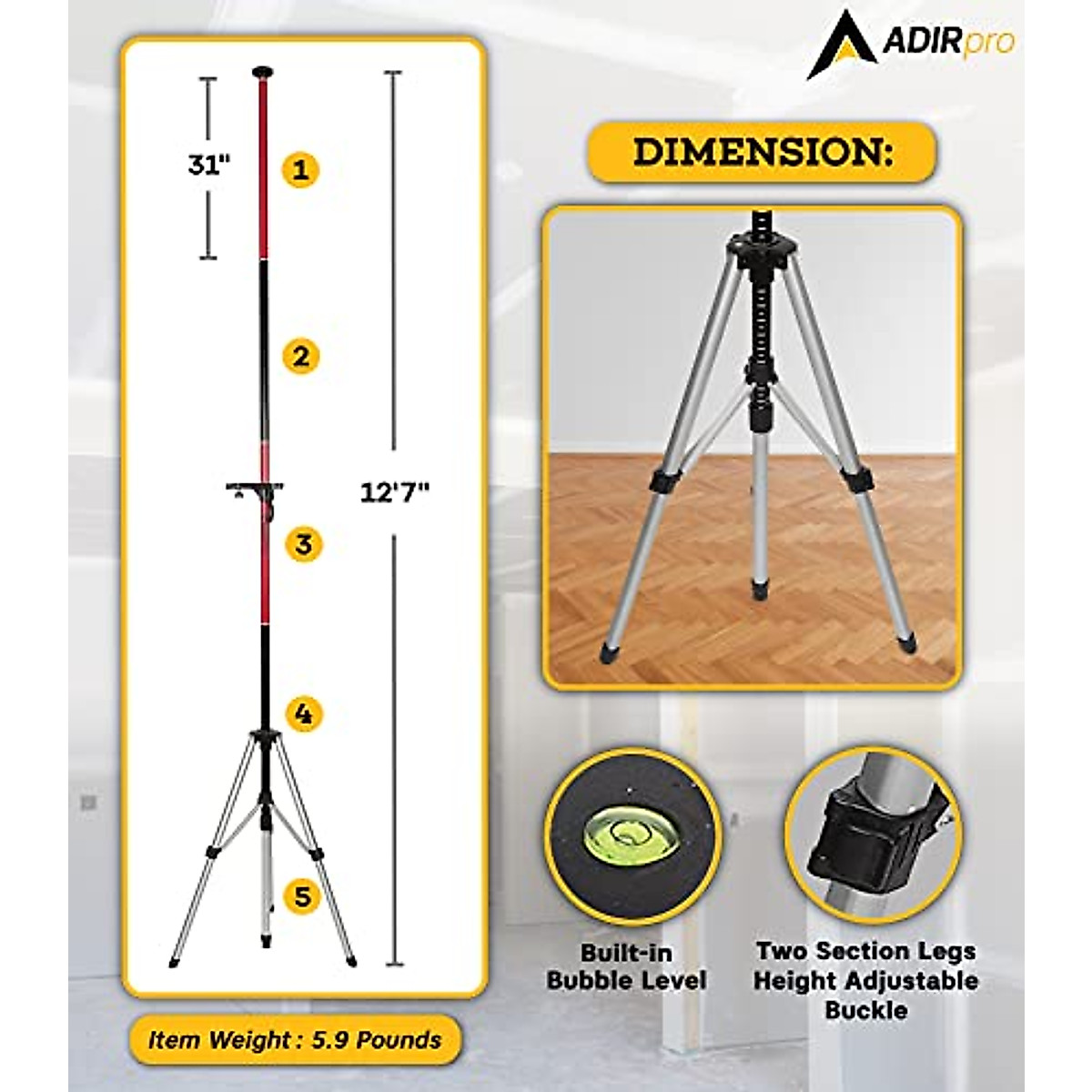 AdirPro Laser Level Pole with Tripod and Mount for Laser Levels, Rotary Lasers & Line Lasers – Telescoping Laser Pole, Mounting Bracket with 1/4”-20 & 5/8-11 Threads, and Adjustable Tripod Stand