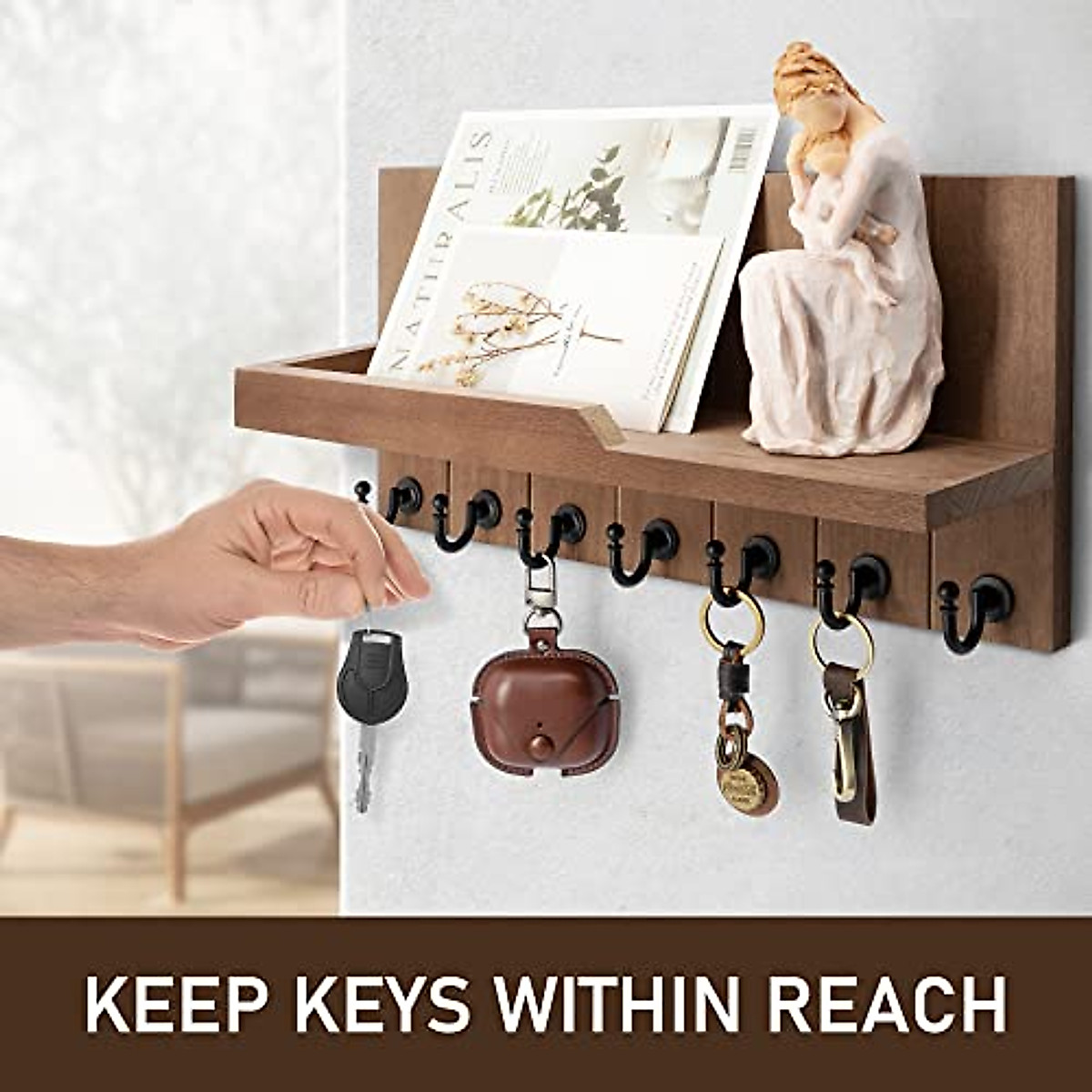 Rebee Vision Key Holder for Wall - Farmhouse Rustic Mail Organizer Floating Shelf for Home Kitchen Entryway Decor with 7 Sturdy Key Hooks (Retro Brown)