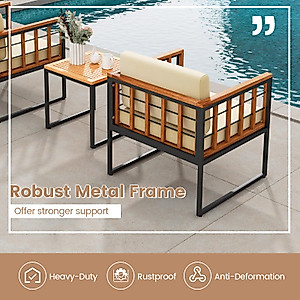 Tangkula 3 Pieces Patio Chair Set, Acacia Wood Outdoor Sofa Set with Metal Support, Soft Seat & Back Cushions Included, Cushioned Bistro Set for Balcony, Porch, Backyard (Beige)