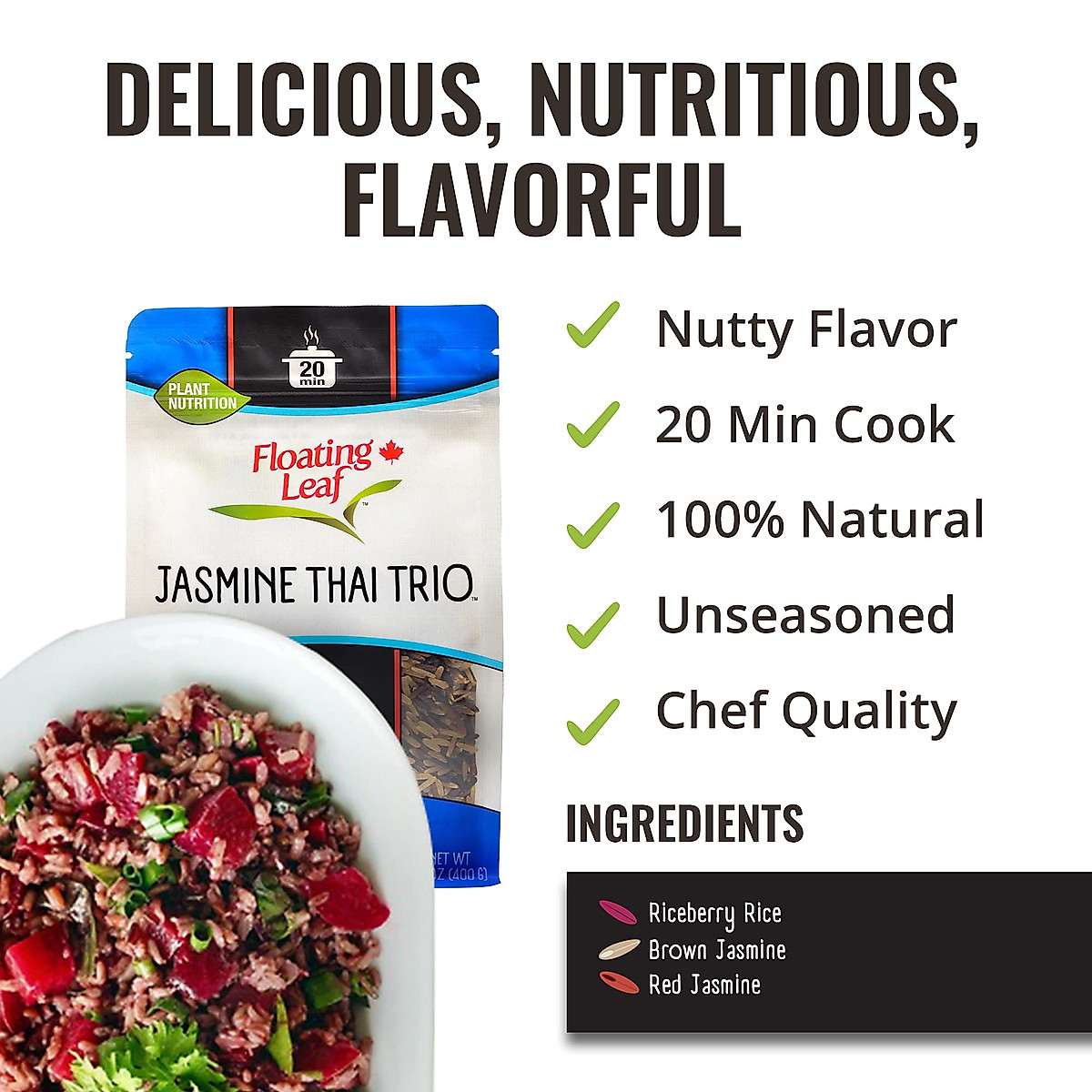 3 Packs x 14 ounces Jasmine Thai Trio, Riceberry Rice (Jasmine Black Rice), Brown Jasmine Rice and Red Jasmine Rice, Non Gluten, Non-Gmo, Kosher and Vegan - Floating Leaf