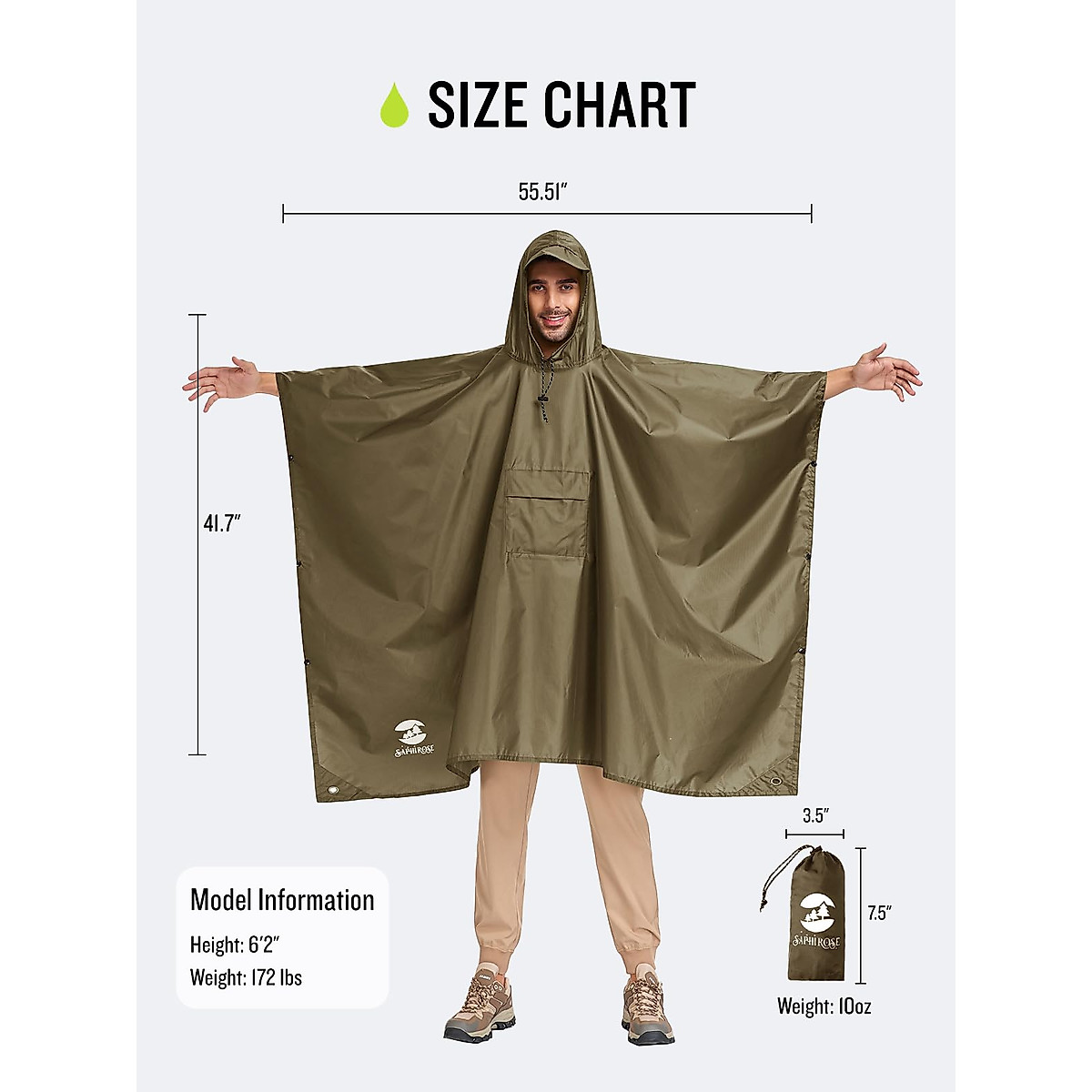 SaphiRose Hooded Rain Poncho Waterproof Raincoat Jacket for Men Women Adults(brown)