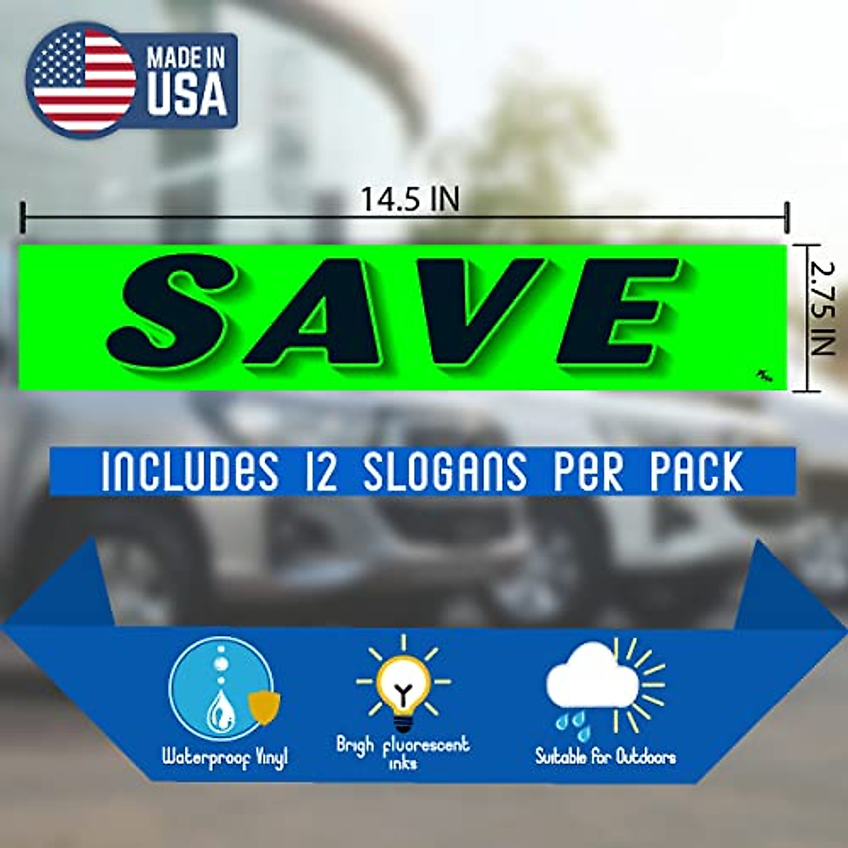 Versa Tags Windshield Slogan Stickers 12 Pack Each of FINANCING Available, Save, Sale, PER Month, ONE Owner (60) Window Stickers Total Dealership Stickers Black On Green