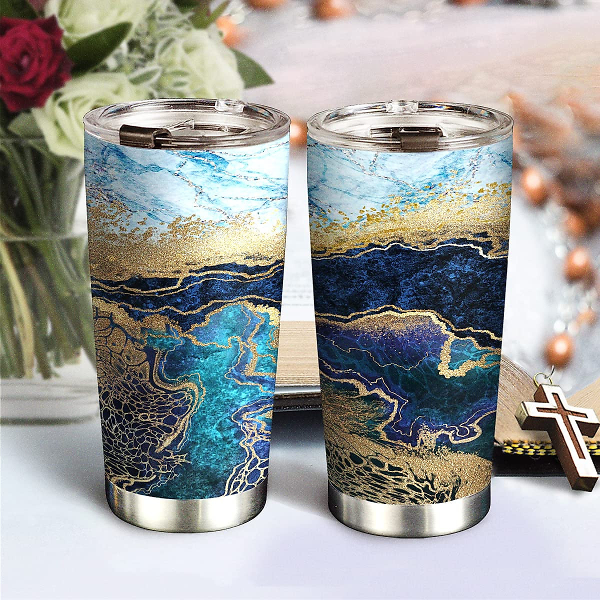 64HYDRO 20oz Coffee Thermos for Women, Inspirational Birthday Gifts for Her, Gifts for Mom Daughter Sister Friends, Abstract Gold Blue Ocean Marble Tumbler Cup, Insulated Travel Coffee Mug with Lid