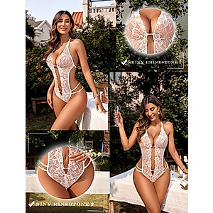 Avidlove Womens Sexy Lace Babydoll Lingerie V Neck Halter Teddy Bodysuit White Small