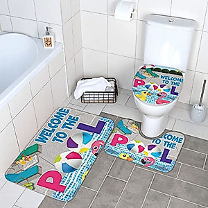 3 Pieces Bathroom Rugs Set Flamingo and Swimming Pool Print 3 Pieces Bathroom Rugs Set Bath Mat+Contour+Toilet Lid Cover Bathroom Antiskid Pad